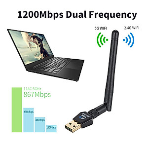 1200Mbps USB WiFi Adapter USB Wireless Adapter Daul Band (2.4G/300M+5G/867M) 802.11 ac for Desktop PC WinXP/Vista/7/8/8.1/10