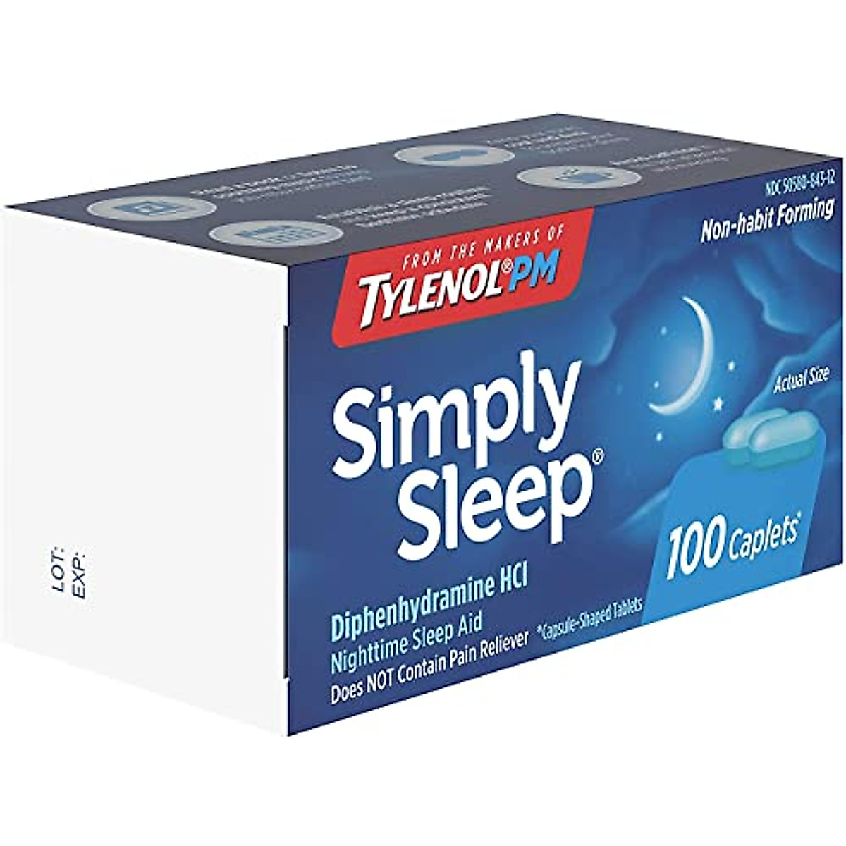Tylenol Simply Sleep Nighttime Sleep Aid Caplets with 25 mg of Diphenhydramine HCl, Non-Habit Forming Sleep Aid for Adults, 100 ct