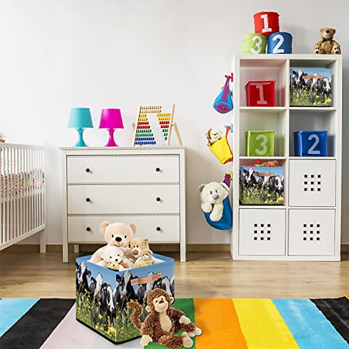 Funky Qiu Storage Cube Bins Farm Flower Cow Large Collapsible Storage Basket with Handle Decorative Storage Boxes for Toys Organizer Closet Shelf Nursery Kid Bedroom,13x13x13