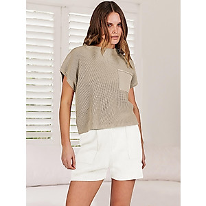 ANRABESS Women's Two Piece Summer Outfits Knit Sweater Short Sets Pullover Tops & Shorts Lounge Matching Clothes Set Khaki White X-Large