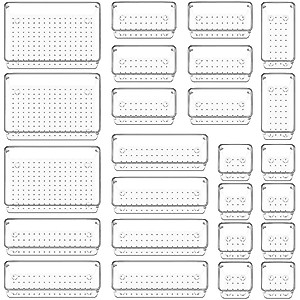 Puroma 25 PCS Drawer Organizer with Non-Slip Silicone Pads, 4-Size Versatile Vanity Drawer Storage Bins, Clear Plastic Drawer Organizer Trays, Customize Layout Organizer for Makeup and Bathroom Vanity