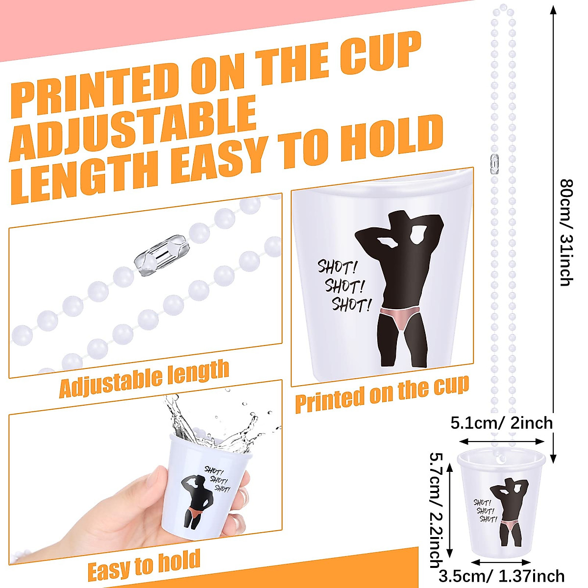 Janmercy 12 Pieces Beaded Shot Glass Necklaces Plastic Shot Necklace Cups Naughty Shot Glass Favors Bridal Party Decorations for Bridal Shower Wedding Party Supplies (Rose Gold)