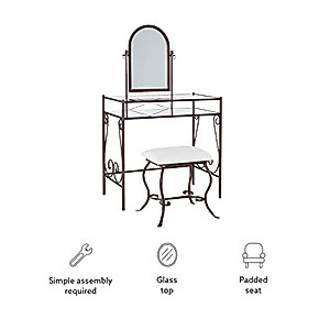 Linon Dark Metal Set Table with Upholstered Stool Clarisse Vanity, 52.4" x 31.8" x 18.3"