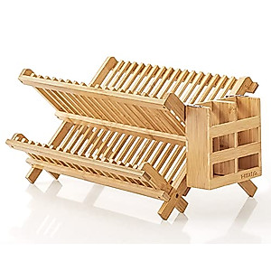 HBlife Bamboo Folding 2-Tier Collapsible Drainer Dish Drying Rack with Utensils Flatware Holder and 2pcs Dish Plate Bowl Cup Book Pot Lid Cutting Board Drying Rack Stand
