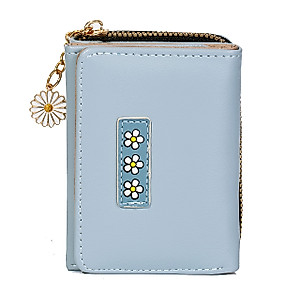 AOVINBID Small Wallet for Women, Fashion Girls Cute Tri-folded Wallet with Delicate Daisy Pendant, Flowers PU Leather Card Holder Women Coin Purse （Blue）