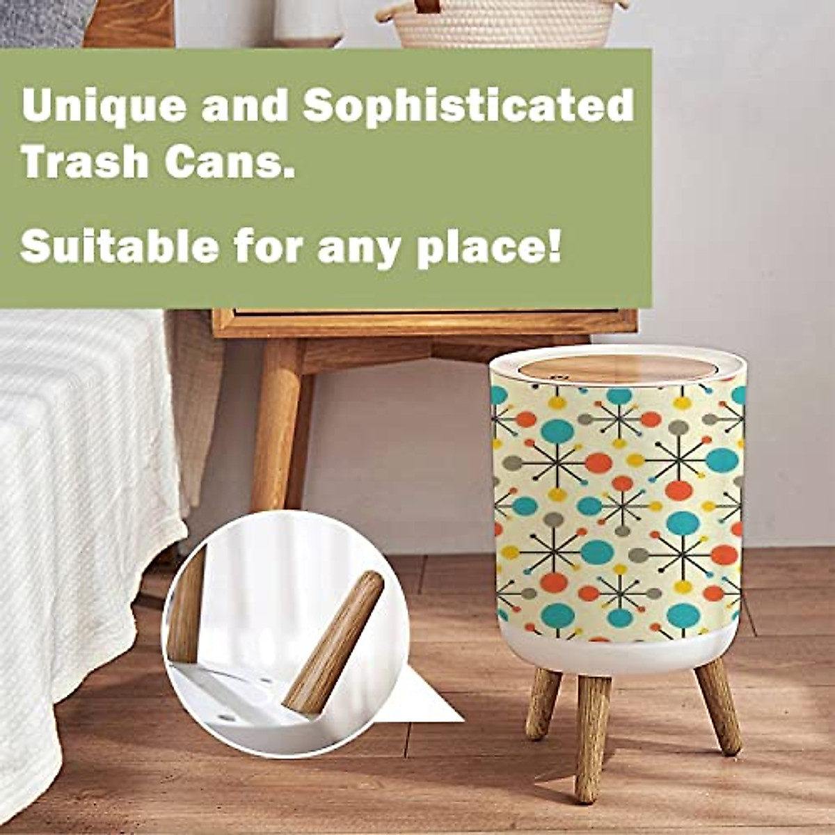 Small Trash Can with Lid Mid century fifties modern atomic retro colors seamless Part of Wood Legs Press Cover Garbage Bin Round Simple Human Waste Bin Wastebasket for Kitchen Bathroom Office
