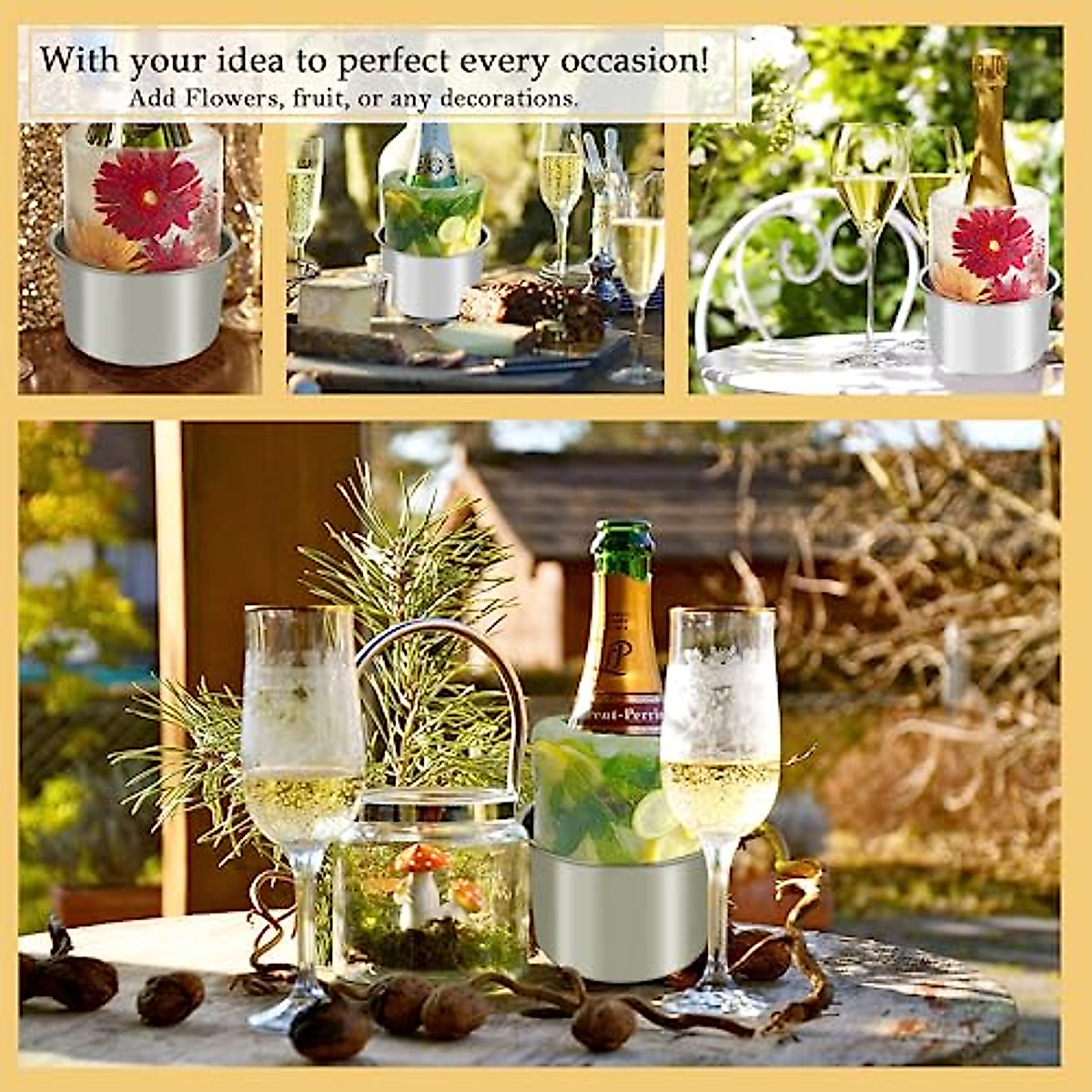 Fxswety Champagne Bucket Ice Mold Wine Bottle Chiller, DIY Your Own Wine Chiller Bucket with Flower Fruits Any Decoration for Special Parties Bar Holiday Wedding, Beautiful & Creative Decoration
