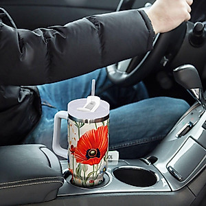 FENOCHE Red Poppy Flowers Butterfly 30 oz Tumbler Insulated Cups Stainless Steel Water Bottle with Handle Lid and Straw Tumblers for Car Cup Holder