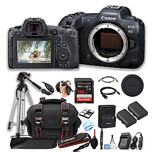 Canon EOS R5 Mirrorless Camera Body + 128GB Pro Speed Memory + Case + Tripod -Proffesional Bundle (Renewed)