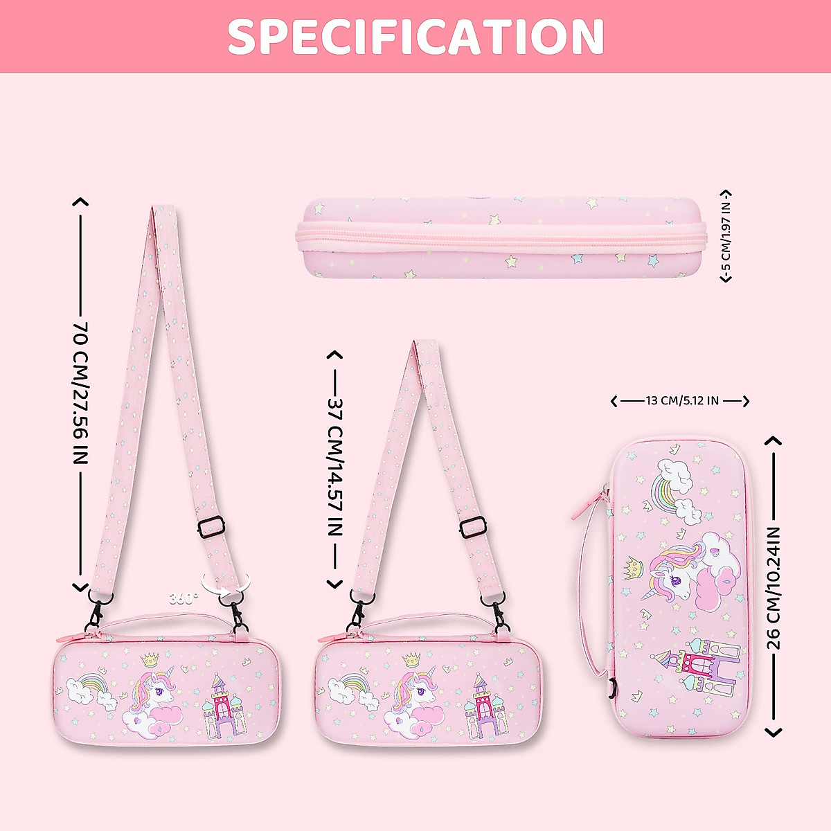 GLDRAM Carrying Case Compatible with Nintendo Switch OLED Cover, Pink Unicorn Case Bundle with Travel Case, Hard PC Shell, Screen Protector, Thumb Caps, Shoulder Strap, Cute Accessories Kit for Girls