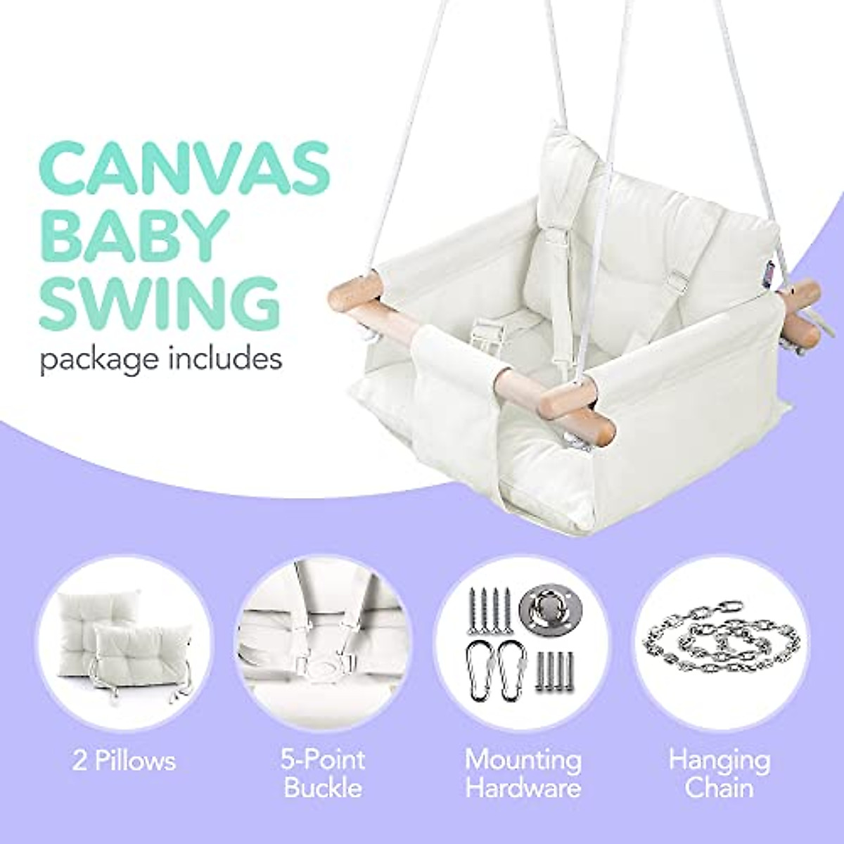 CaTeam - Canvas Baby Swing, Wooden Hanging Swing Seat Chair with Safety Belt, Durable Baby Swing Chair, Outdoor and Indoor Swing for Kids, Mounting Hardware Included, Ivory