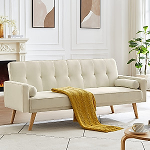 Mid-Century Convertible Futon Sofa Bed,Modern Linen Fabric Small Loveseat,Folding Sleeper Couch Bed with Armrests & 2 Pillows,Recliner Sofa with Solid wood Legs for Living Room Office (Beige)