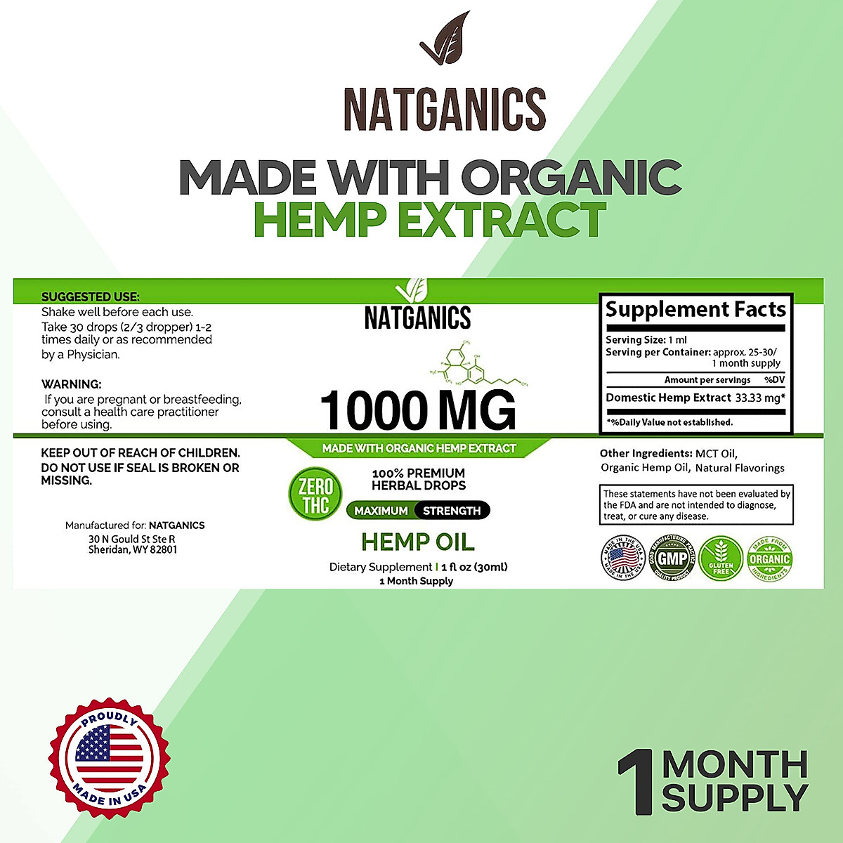Organic Hemp Oil 1000mg - Ultra Premium Hemp Oil Drops 1000mg - Natural Hemp Oil Extract Tincture - Non-GMO Ultra-Pure CO2 Extracted Drops - Omega Fatty Acids 3 6 9 - Organically Grown & Made in USA
