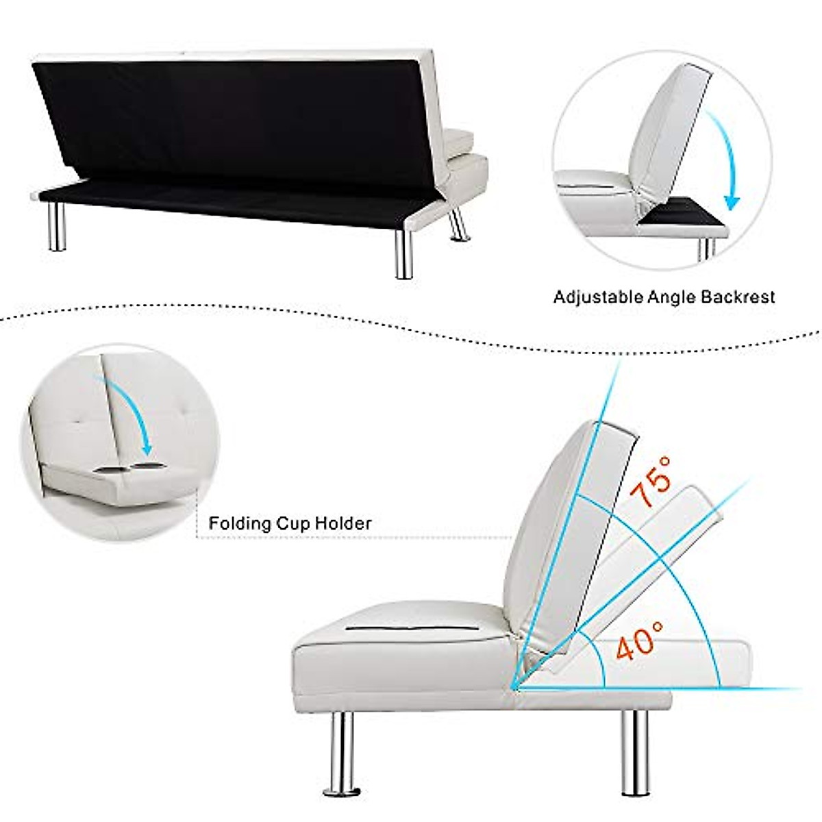 Walsunny Modern Faux Leather Sofa, Folding Reclining Sofa, Double arms, Living Room Bedroom Sofa Chair (White)