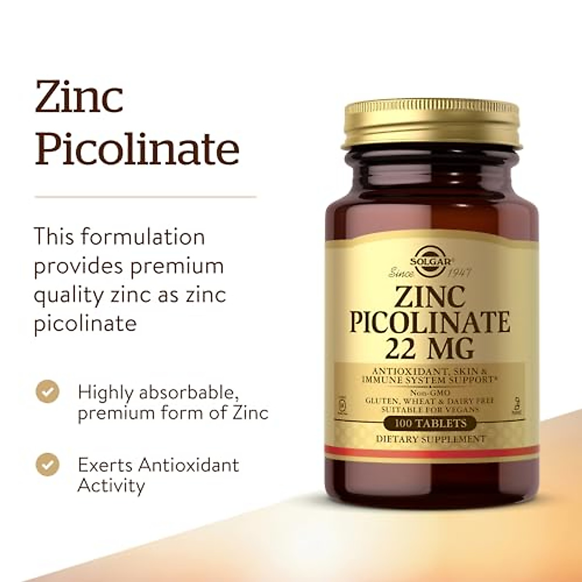 Solgar Zinc Picolinate 22 mg, 100 Tablets - Promotes Healthy Skin - Supports Immune System, Normal Taste & Vision - Antioxidant - Non GMO, Vegan, Gluten Free, Dairy Free, Kosher - 100 Servings