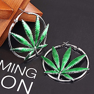 Hoop Earrings for Women Saint St Patricks Day Green Cannibis Weed/Pot Marijuana Leaf Earrings Fashion Jewelry (Silver)