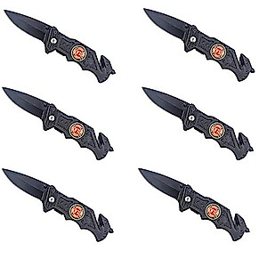 Barton Outdoor 6.25 Inch Fire Fighter Folding Survival Knife with Inlay Fire Fighter Emblem, 6 Pack