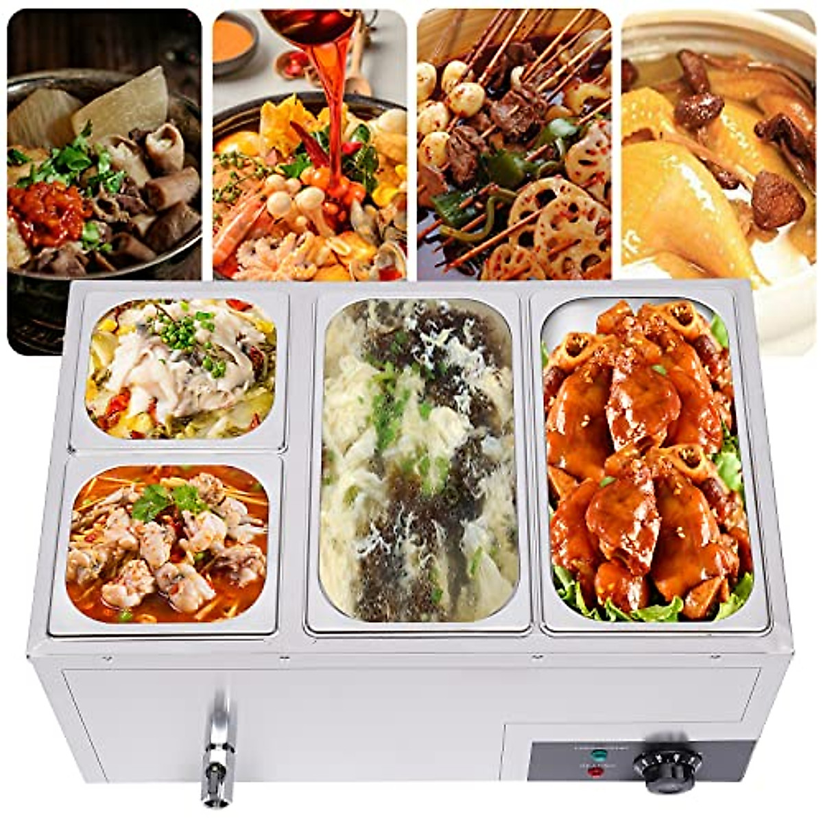 PIAOCAIYIN Food Warmer, 4-Pan Commercial Buffet Food Warmer, Stainless Steel Container Temperature Control Commercial Food Warmer, Silver Electric Food Soup Warmer, Food Warmers for Home, Catering