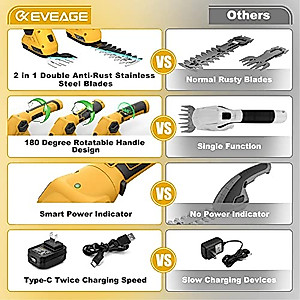 EVEAGE Light Duty Cordless Grass Shears Handheld Grass Hedge Trimmer 2 in 1 Grass Clippers Shrub Bush Trimmer for Garden, with Rechargeable 8V Battery and Charger Included