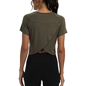 Mippo Short Sleeve Workout Tops Athletic Shirts Gym Clothes Exercise Crop Top Tshirts for Women Loose Fit Army Green S