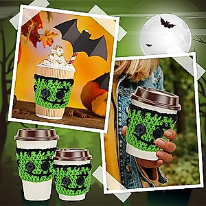 Whaline Halloween Knitted Coffee Sleeves Green Monster Knitted Coffee Sleeves Reusable Handmade Crochet Coffee Tea Mug Warmer Hand Protector for Women Men Paper Cups, 2 Designs