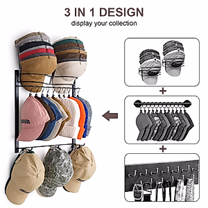 HYDERMUS Hat Rack for 45 Baseball Caps with 10 Clips 3 Tier Hat Organizer for Wall Multi-functional Hat Hanger Metal Hat Holder at Closet Bedroom Entryway Gift for Men Boy Teen