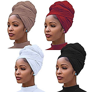 YMHPRIDE 4 Pieces Stretch Jersey Turban Head Wrap Knit Headwraps Urban Hair Scarf Solid Color Ultra Soft Extra Long Breathable Head Band Tie for Women