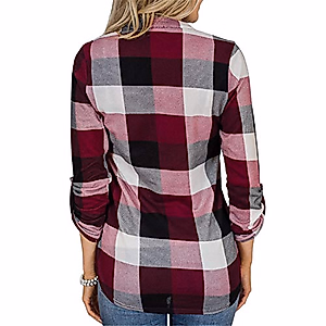 Andongnywell Women Lace Long Sleeve Casual Plaid V-Neck Loose Irregular Hem Shirt Top Costume Blouse Tunics Shirts (Wine Red,1,Small)