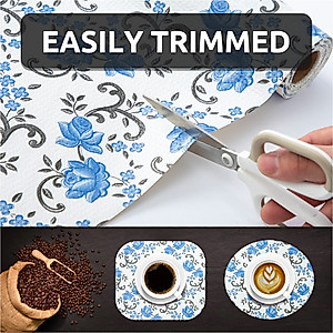 FIFTY FEET 18X96 Inch Shelf Liner for Kitchen Cabinets, PVC Drawer Liner for Dresser Non-Slip Bathroom, Non-Adhesive Cabinet Liner Washable (Blue Floral)(3 Roll)