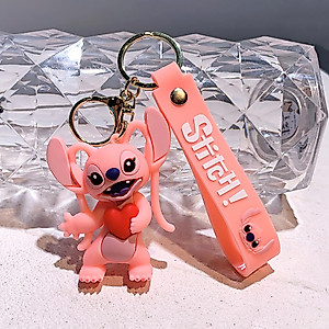 feimeng jewelry Anime Cute Stitch Silicone Keychain, PVC Pendant Key Chain Ring Holder Wristlet Accessories for Kids Gifts (Angel - Love)