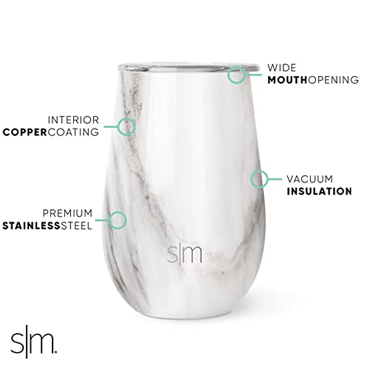 Simple Modern Wine Tumbler with Lid | Cute Stemless Glass Cup with Press-In Lid | Insulated Stainless Steel Coffee Mug | Gifts for Women Men Him Her | Spirit Collection | 12oz | Carrara Marble
