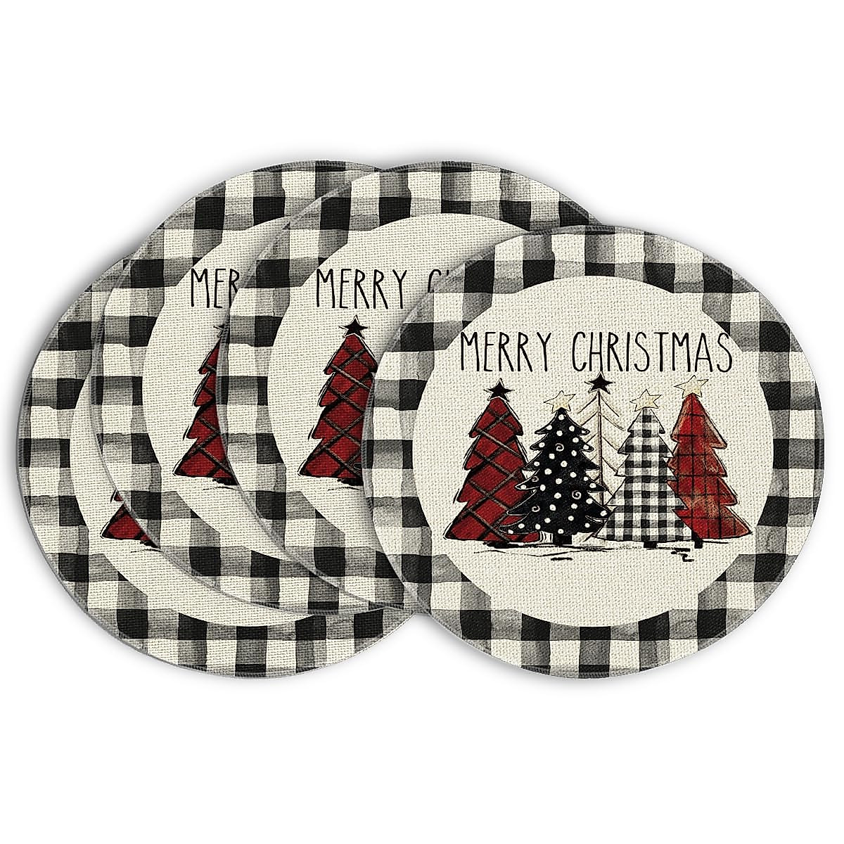 Artoid Mode Waterclor Buffalo Plaid Christmas Trees Merry Xmas Round Placemats Set of 4, 15 Inch Seasonal Winter Round Table Mats for Dining Decoration