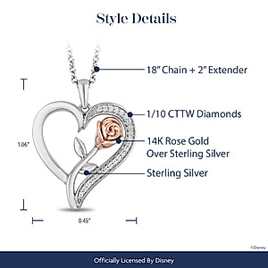 Jewelili Enchanted Disney Fine Jewelry Belle Rose in Heart Necklace Pendant in 14K Rose Gold Over Sterling Silver 1/10 CTTW Diamonds