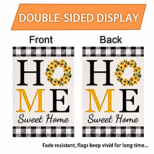QWETRY Sunflower Home Sweet Home Garden Flag for Outside Summer Flags for Farmhouse Lawn Outdoor Décor, Burlap Vertical Buffalo Check Plaid Flower Small Rustic Yard Flags 12.5 x 18 Inch Double Sided