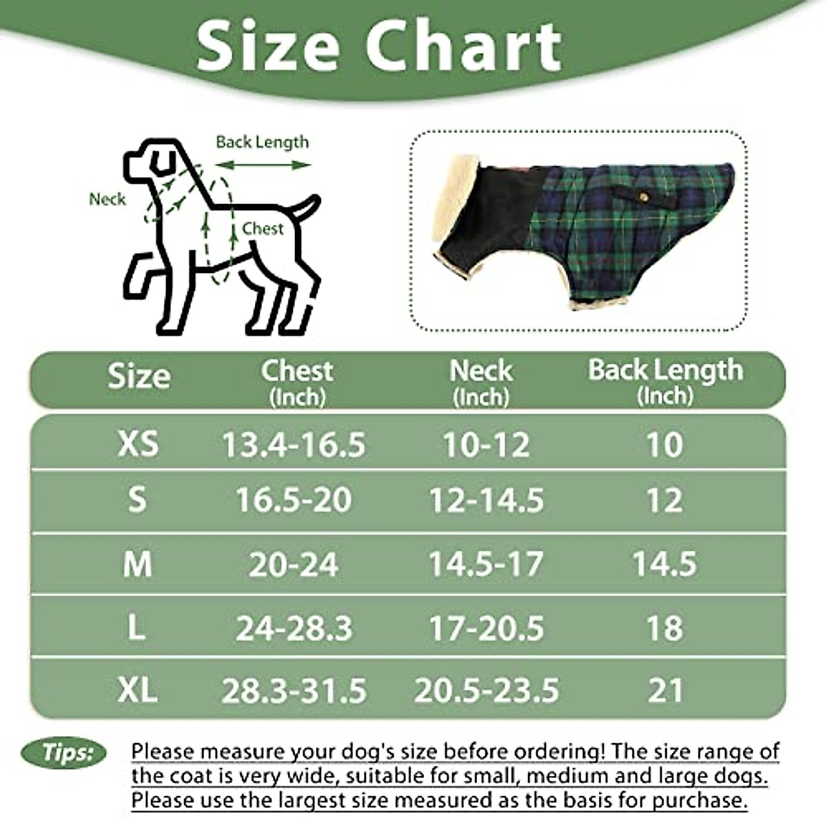 Preferhouse Winter Coat for Small and Medium Dogs, Puppy Plaid Jacket, Cotton Coat for Cold Weather, Windproof Warm Dog Garments, Pet Thickened Outfits Indoor Outdoor, Green L