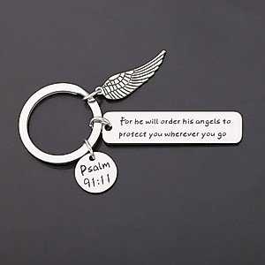 CHOORO Bible Verse Keychain for He Will Order His Angels to Protect You Wherever You Go Religious Jewelry Christian Gift (Keychain)