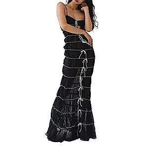 Faretumiya Y2k Ruched Strap Dress for Women Sleeveless Low Cut Cami Bodycon Layered Short Dress Casual Summer Going Out Dress(Long Black,Small)