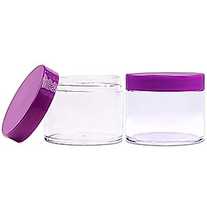 Beauticom 60 Grams/60 ML (2 Oz) Round Clear Leak Proof Plastic Container Jars with PURPLE Lids for Storage Cosmetic Lotion Scrubs Creams Ointments (36 Pieces Jars + Purple Lids, PURPLE)