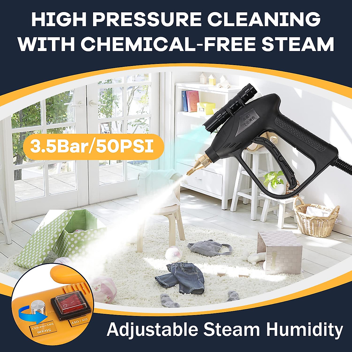 Moongiantgo 1700W High Pressure Steam Cleaner Handheld Portable Instant Steam Cleaning Machinefor Commercial Home USe Kitchen Bathroom Grout Tile Car Detailing (Yellow, 110V)