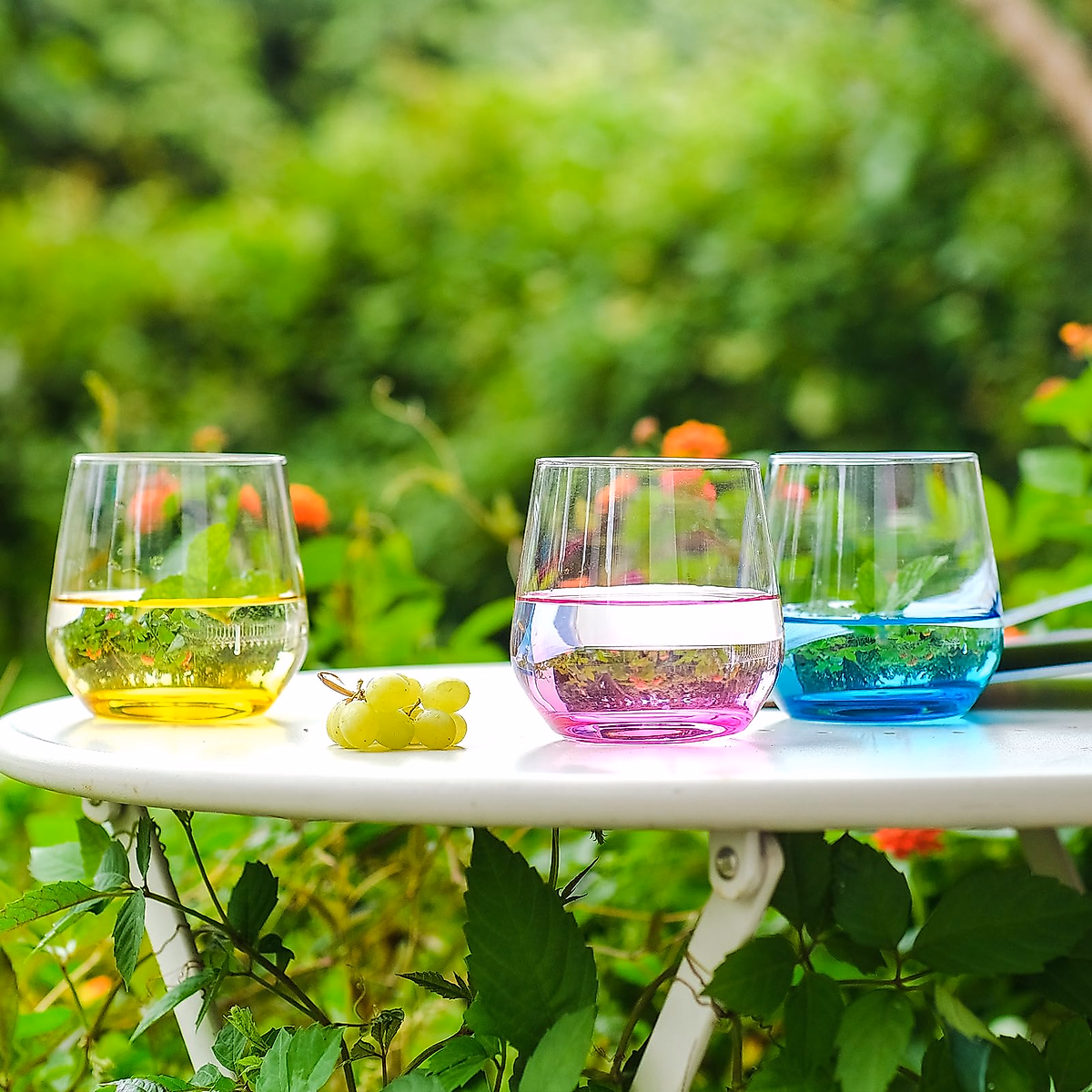 BACLIFE Stemless Wine Glasses Set of 6 - Hand Blown Colored Short Wine Tumblers - 15 oz Elegant Sparkling Wine Glass - Unique Gift for Birthday,Wedding, Anniversary - Clear