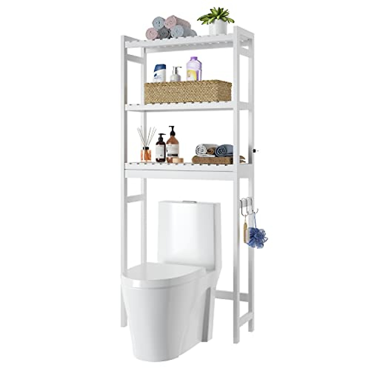 linstock Over The Toilet Storage, 3 Shelf Bathroom Space Saver, Bamboo Stable Freestanding Above Toilet Stand with 3 Hooks for Bathroom, Restroom, Laundry, White