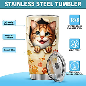JENOIS Cat Gifts, Tumblers Lovers For, Tumbler 20 Oz With Lid And Straw, Pet Cat Lover