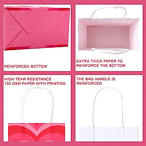 ECOptimize Gift Bag with Tissue Paper for Valentine's Day - 24 PCS Small Size(5.9"x3"x8") - Eco-Friendly Kraft White Paper Bag with Handle for Retail, Gift, Shopping & Party Favors(Pink, Red, Heart) - Double Side Pattern