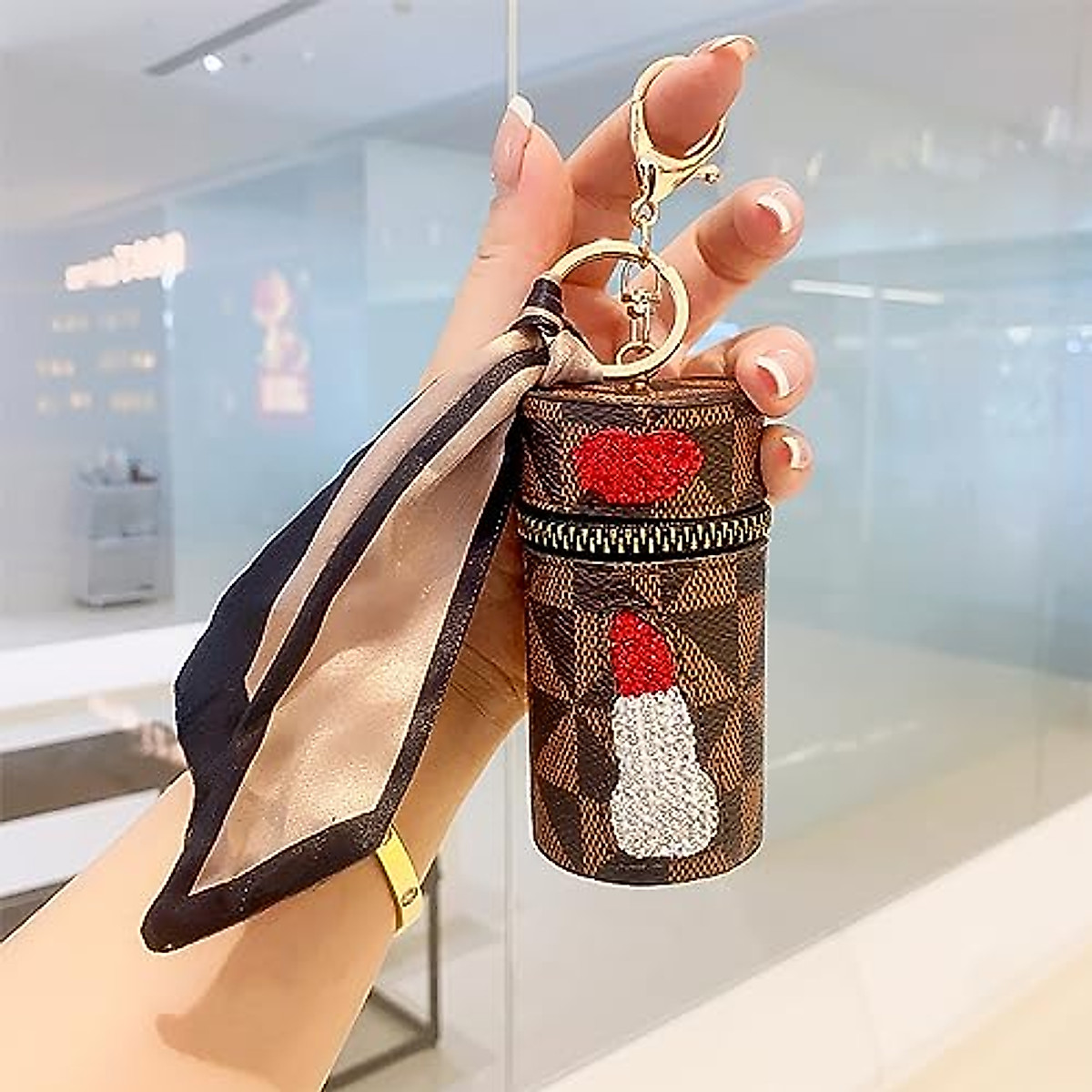 RILOST 2Pcs Lipstick Case, Leather Diamond Lip Gloss Lipstick Organizer, Keychain Mini Lipstick Holder Bag, Girls Travel Lipgloss Makeup Storage for Lipstick Lip Gloss Cosmetics (Brown, Pink)