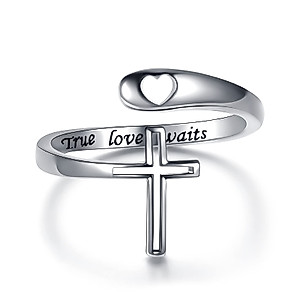 APOTIE True Love Waits Cross Ring - Sterling Silver Christian Heart Adjustable Rings Jewelry Gift for Women