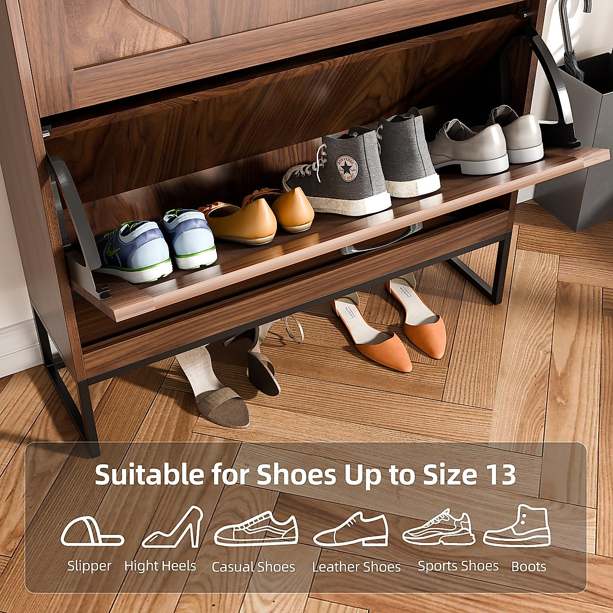 infurnic Shoe Cabinet with 2 Flip Drawers, Narrow Shoe Storage Cabinet for Entryway, Freestanding Organizer Shoe Rack Cabinet for Front Door Entrance Hallway Foyer Living Room, Walnut