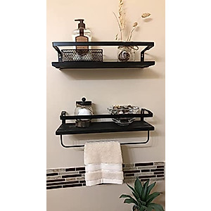 YCOCO Floating Shelves for Wall Set of 2,Rustic Wall Mounted Storage Wood Shelf with Towel Holder Rack for Bathroom, Bedroom,Living Room,Kitchen,Office,Black