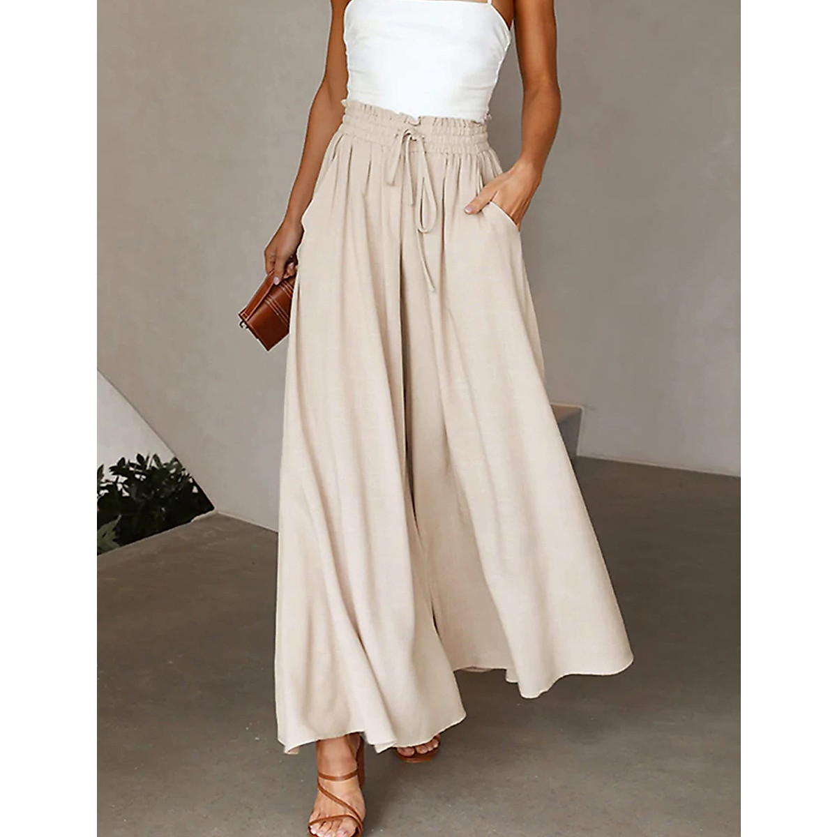 HangNiFang Wide Leg Pants for Women High Waist Workout Palazzo Yoga Pants with Pockets(0630-Apricot-M)