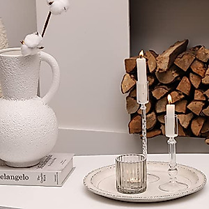 RM ROOMERS White Round Wooden Tray, Decorative Round Tray with Tiny Bead Stringing, Coffee Table Tray Circle, White Round Serving Tray for Living Room, Farmhouse