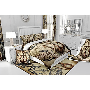 Erosebridal Anchor Bedding Set Queen Retro Nautical Comforter Cover Ocean Adventure Duvet Cover for Kids Adults Compass Sailboat Quilt Cover Brown Bedroom Decor Zipper